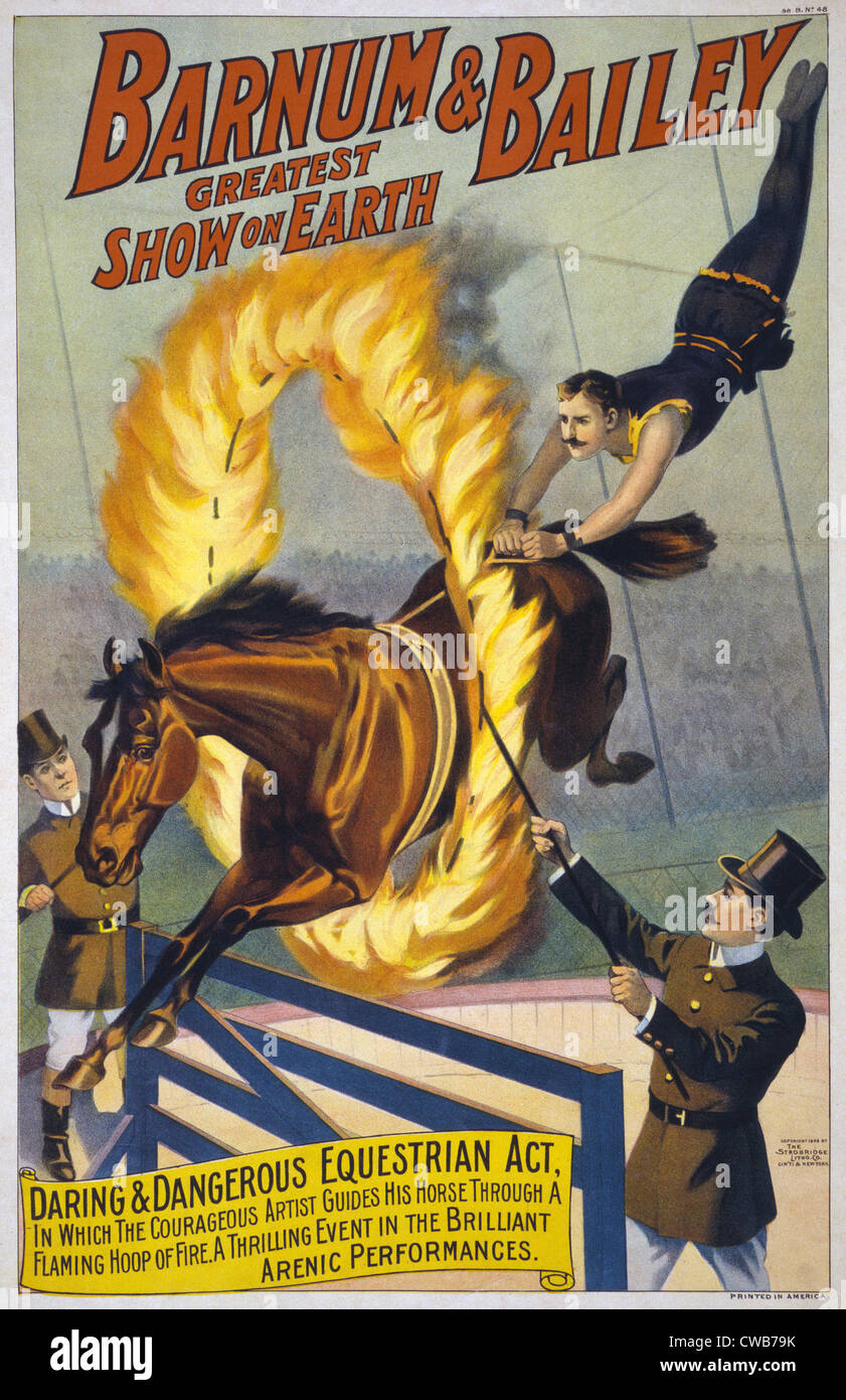 Daring and dangerous equestrian act- a horse jumps through a flaming ...