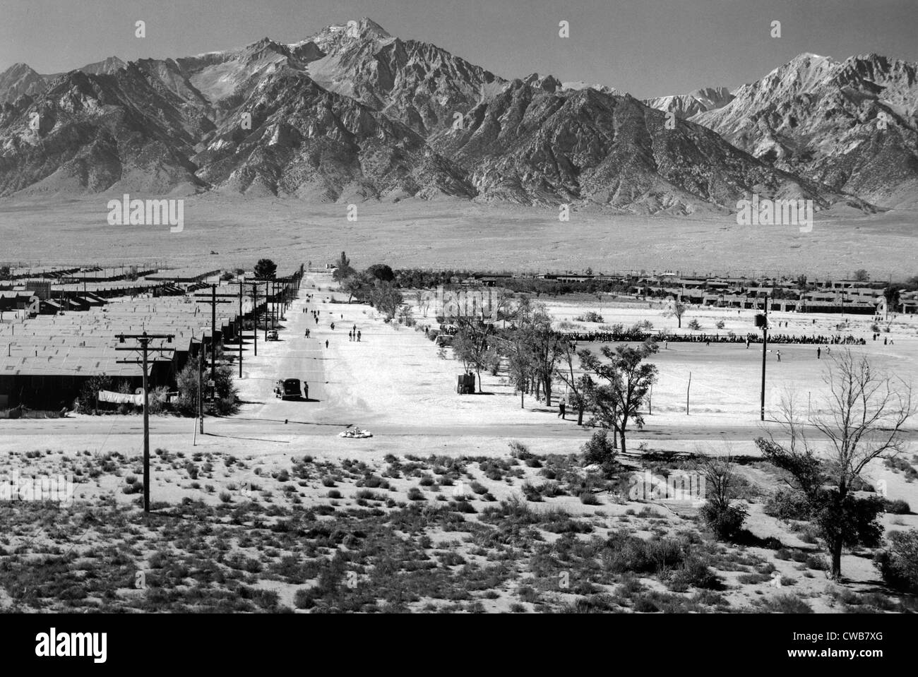 World War II, Bird's-eye view of Manzanar Relocation Center, showing ...