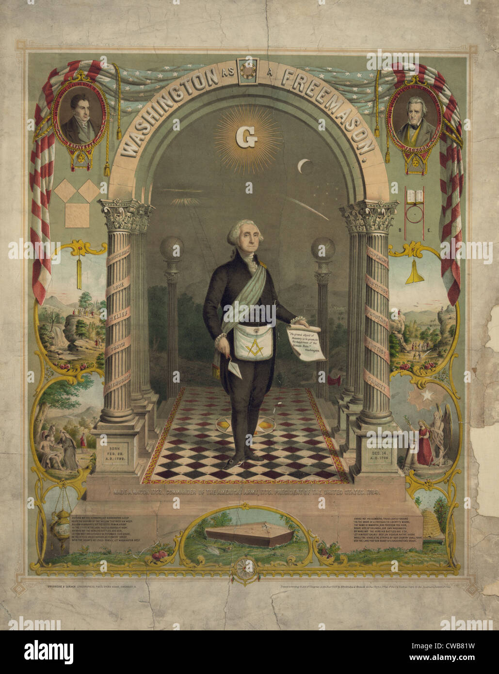 George Washington in Masonic attire, holding scroll and trowel, c. 1866 ...