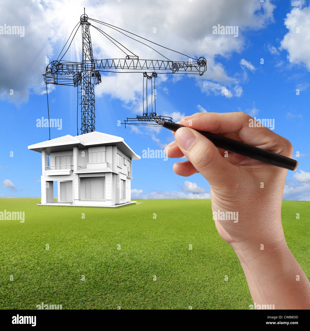 house building and cranes by hand drawn Stock Photo - Alamy