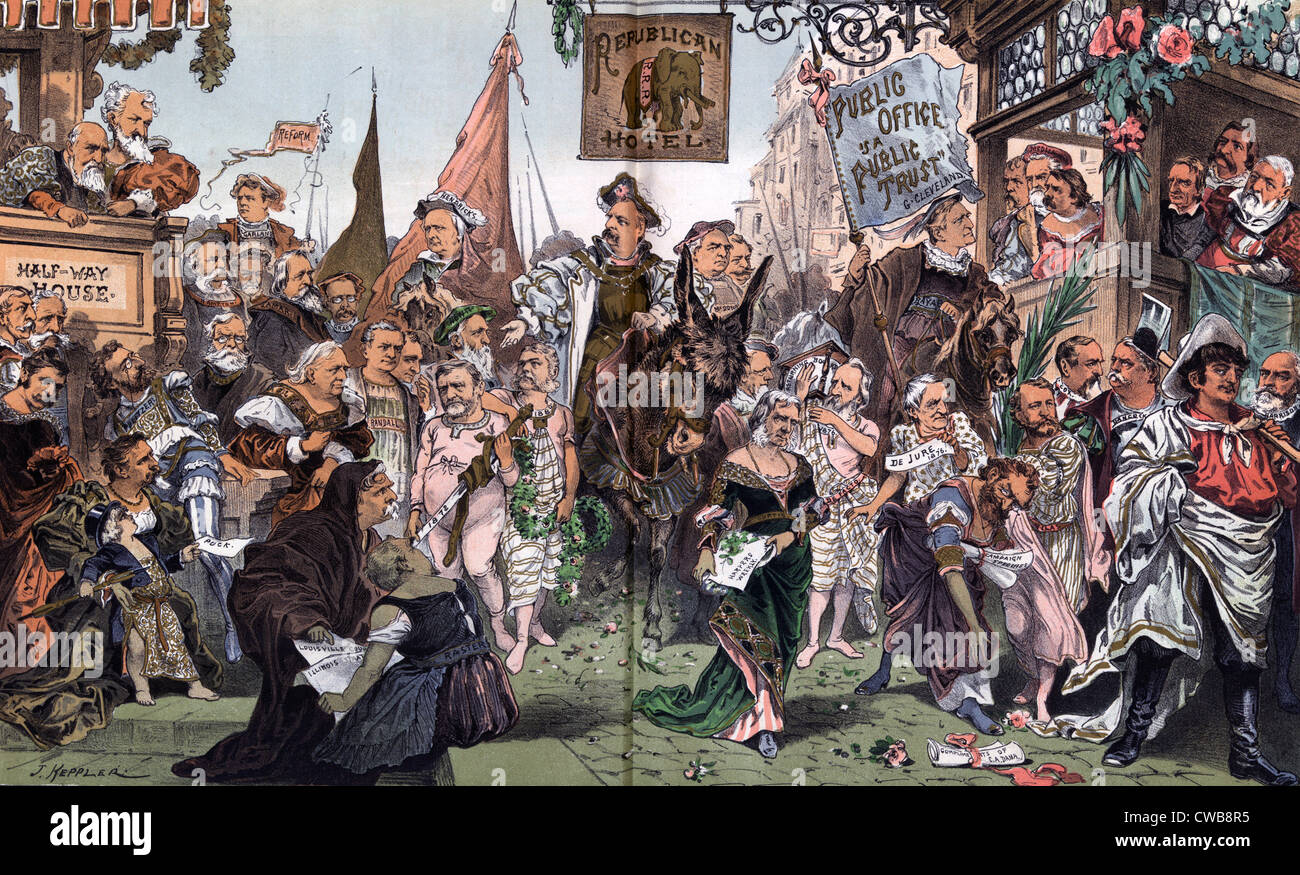 Grover Cleveland riding the Democratic donkey past the "Republican R.R ...