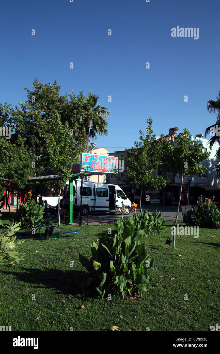 View of bus stop in Dalyan, Turkey, buses to Iztuzu Turtle Beach leave ...