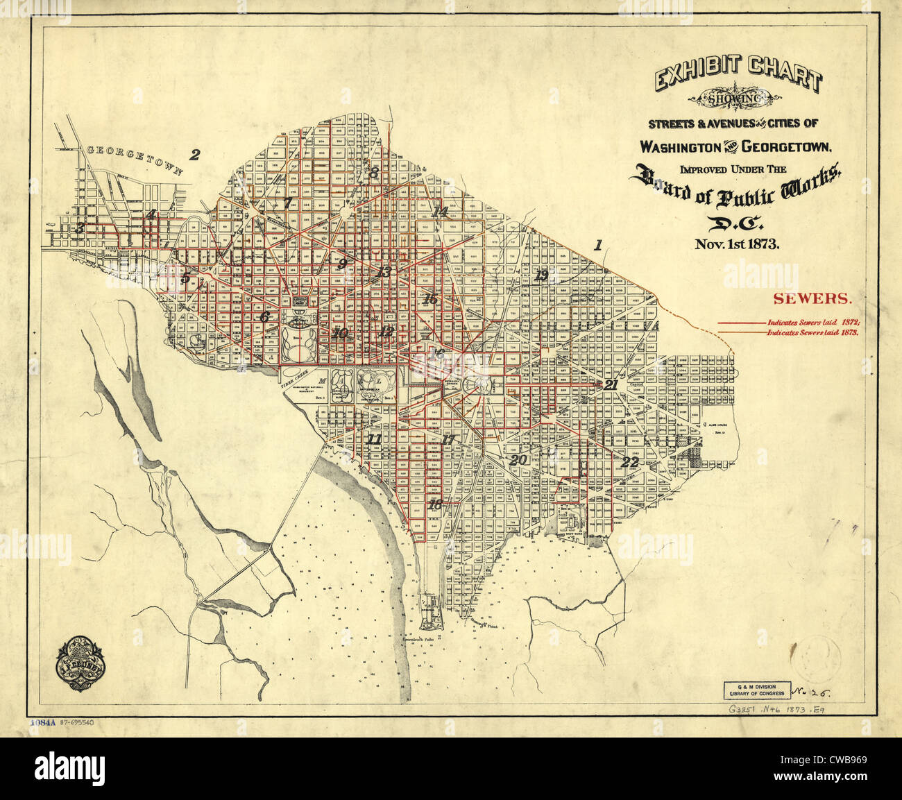 Washington, D.C. Map showing the District of Columbia. 1873 Stock Photo ...