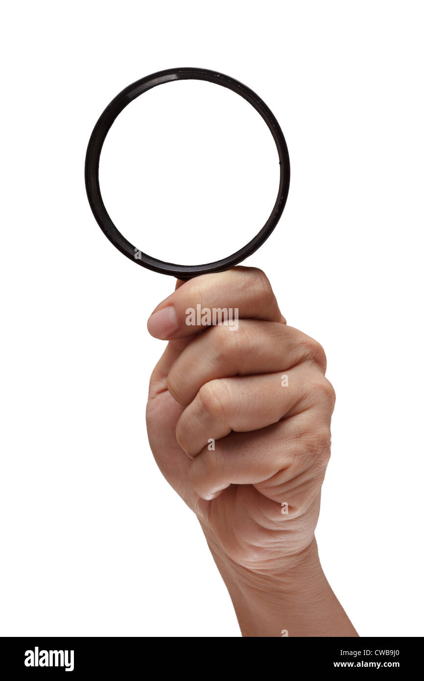 Magnifying glass in hand isolated on white background Stock Photo - Alamy