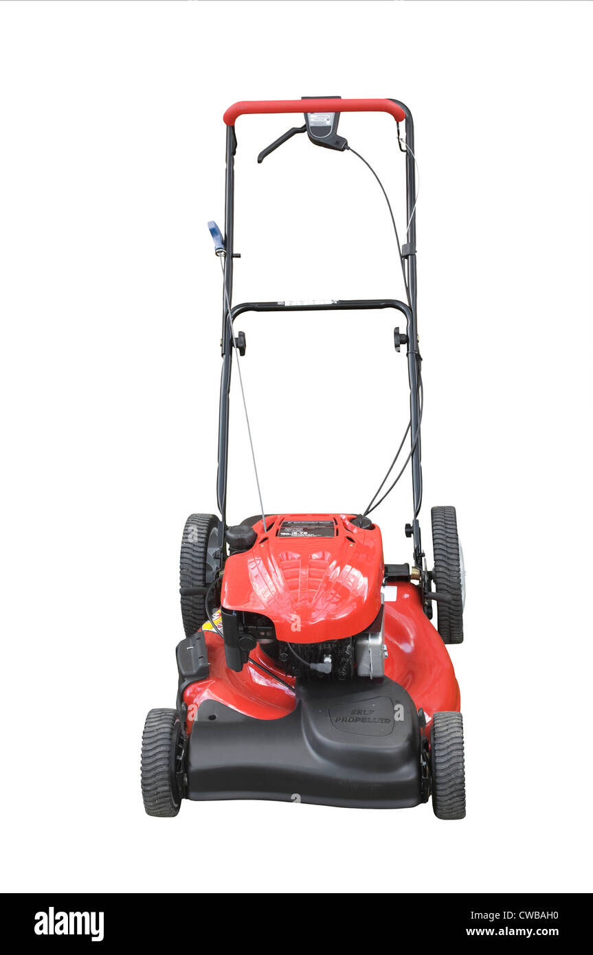 Red lawn mower on white background Stock Photo - Alamy