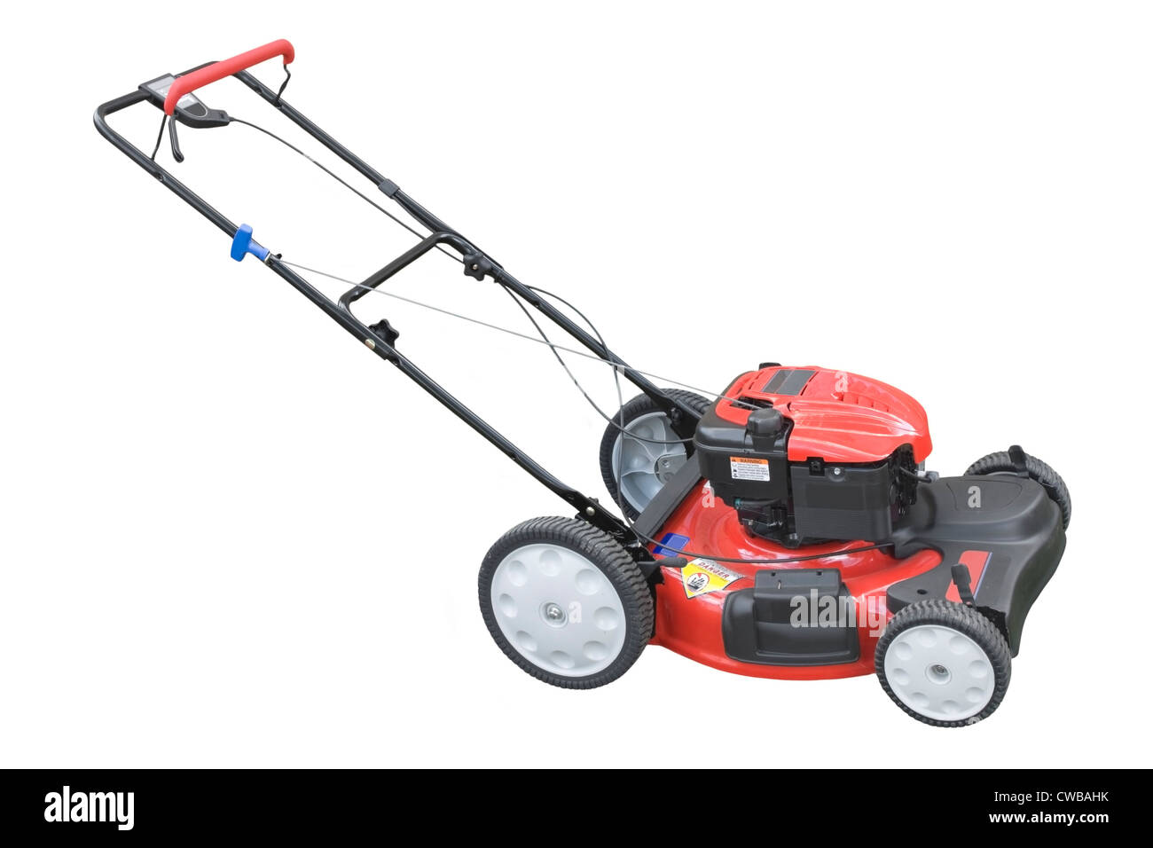 Red lawn mower on white background Stock Photo - Alamy