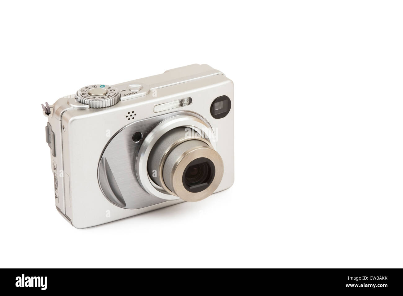 Silver compact digital camera on white background Stock Photo - Alamy