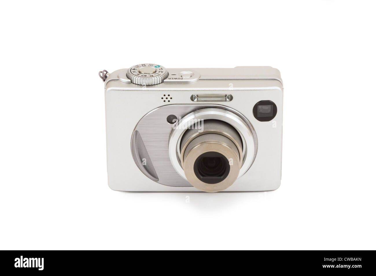 Silver compact digital camera on white background Stock Photo - Alamy