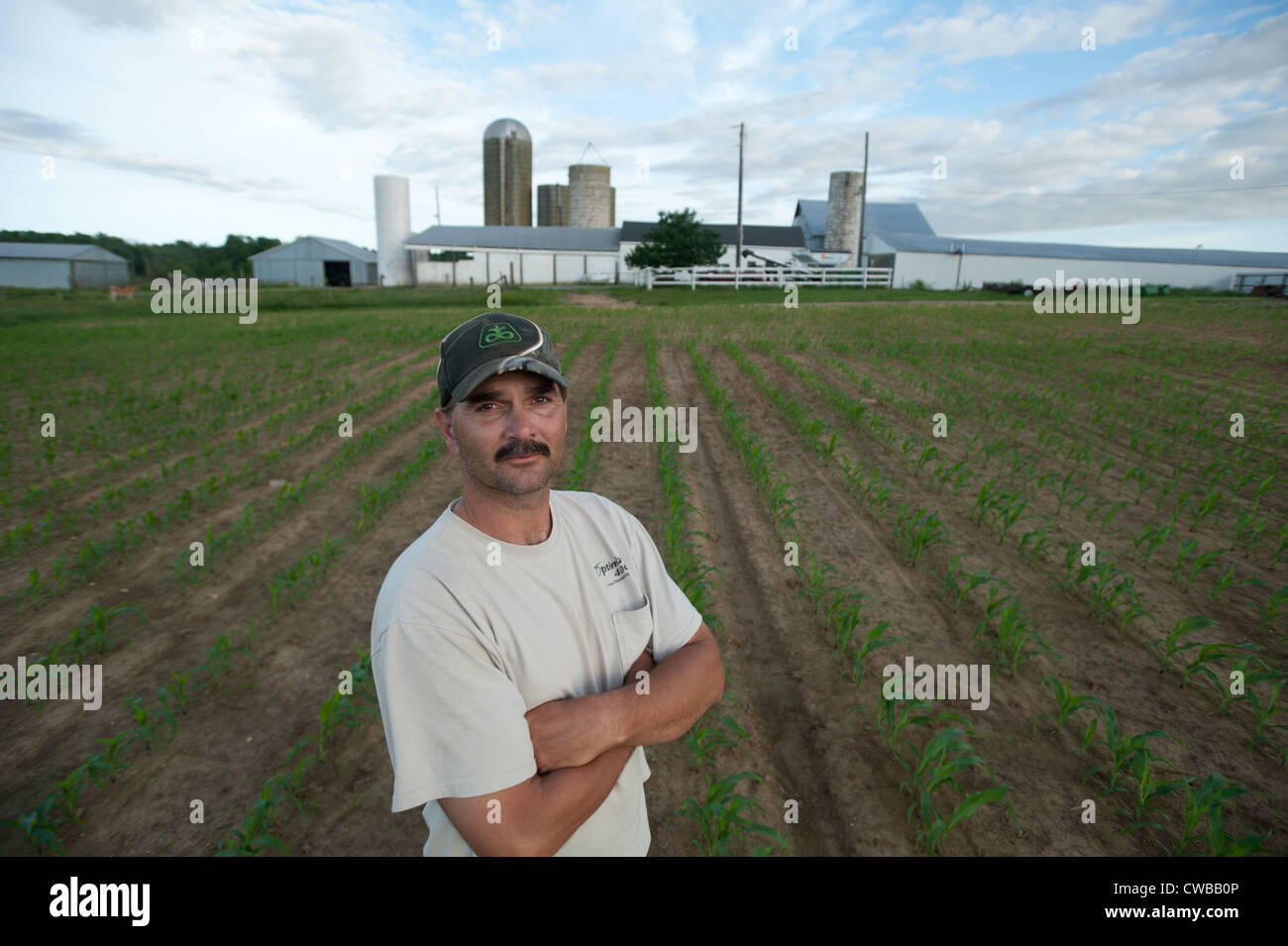 Farmer standing in front of farm land in front of barns and silos Stock ...