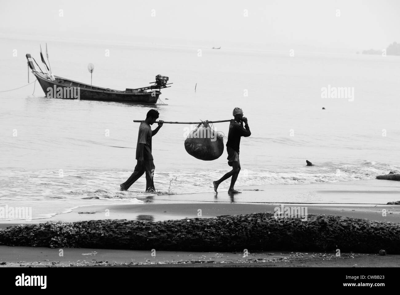 early morning catch , fisherman returning with their catch of baracuda ...