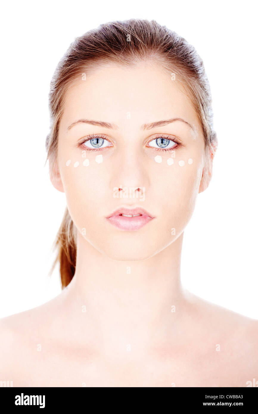 Liquid powder on woman's face, isolate on white Stock Photo - Alamy