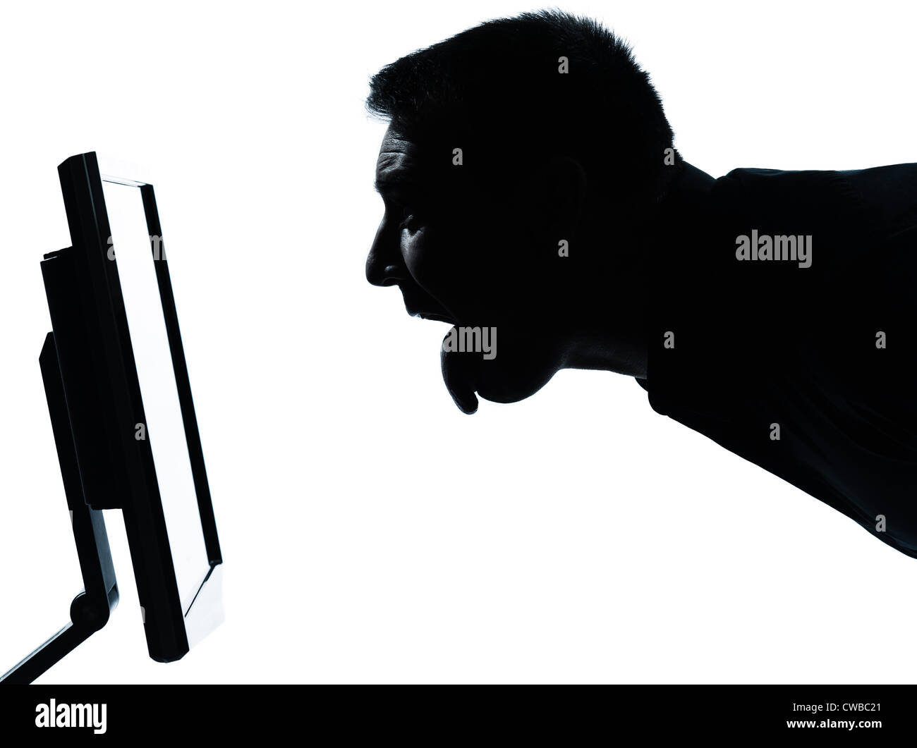 one caucasian business man face tongue out silhouette with computer ...