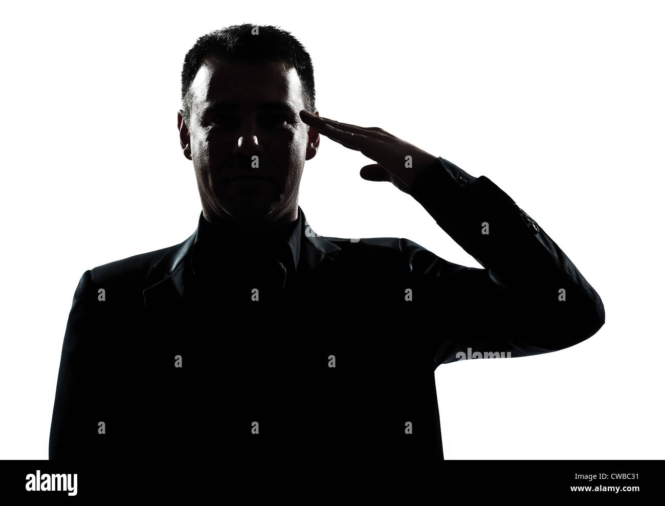 one caucasian man army salute gesture portrait silhouette in studio ...
