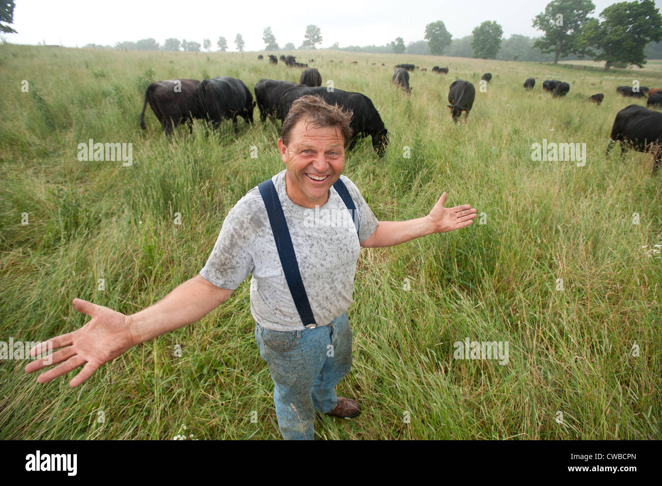 Farmer in the rain in beef cattle pasture Stock Photo - Alamy