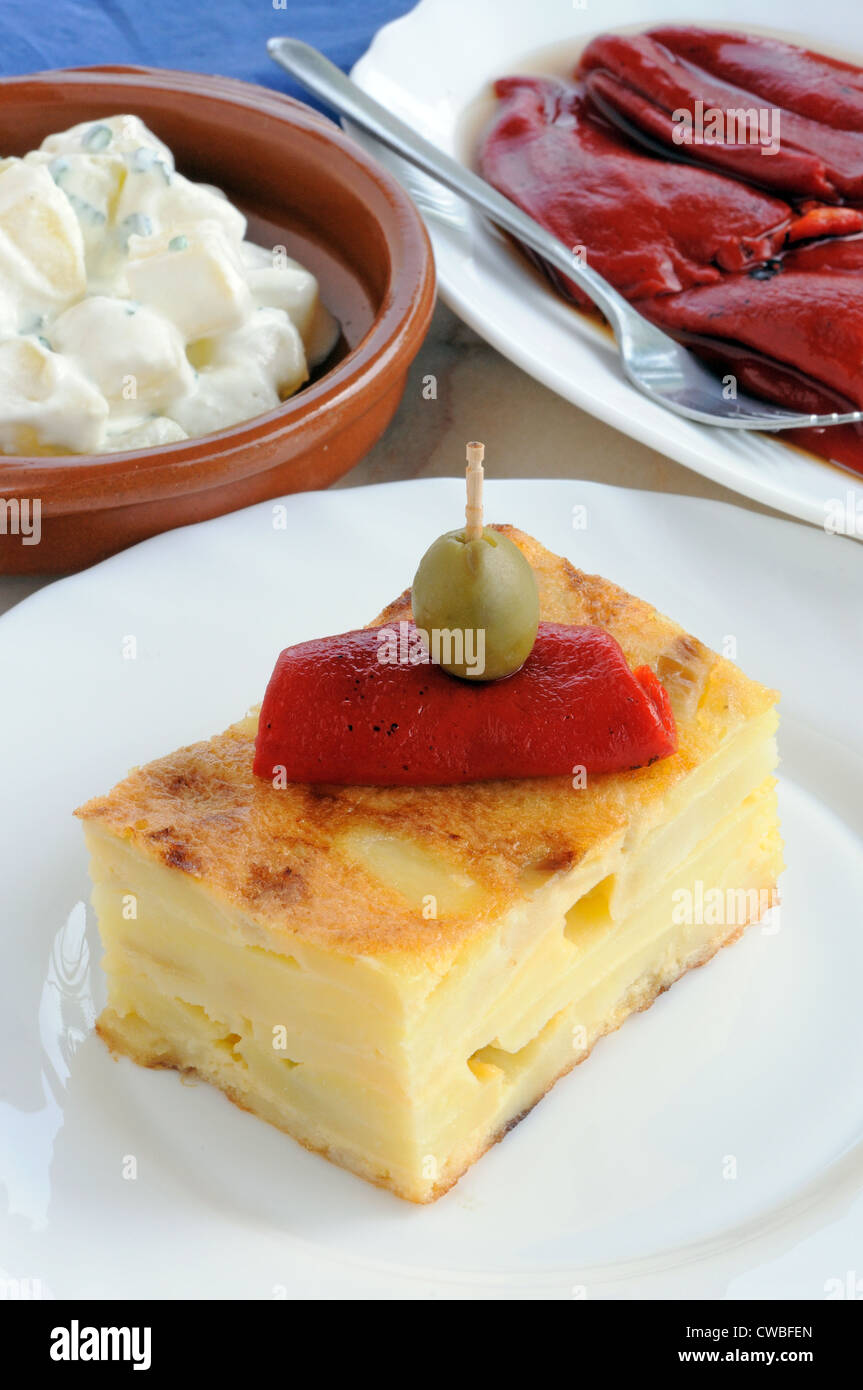 Tapas selection of a square of Spanish Tortilla with roasted red ...