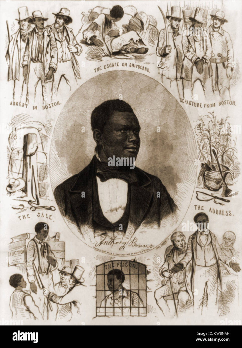 Portrait and illustrations of fugitive slave Anthony Burns escape to ...