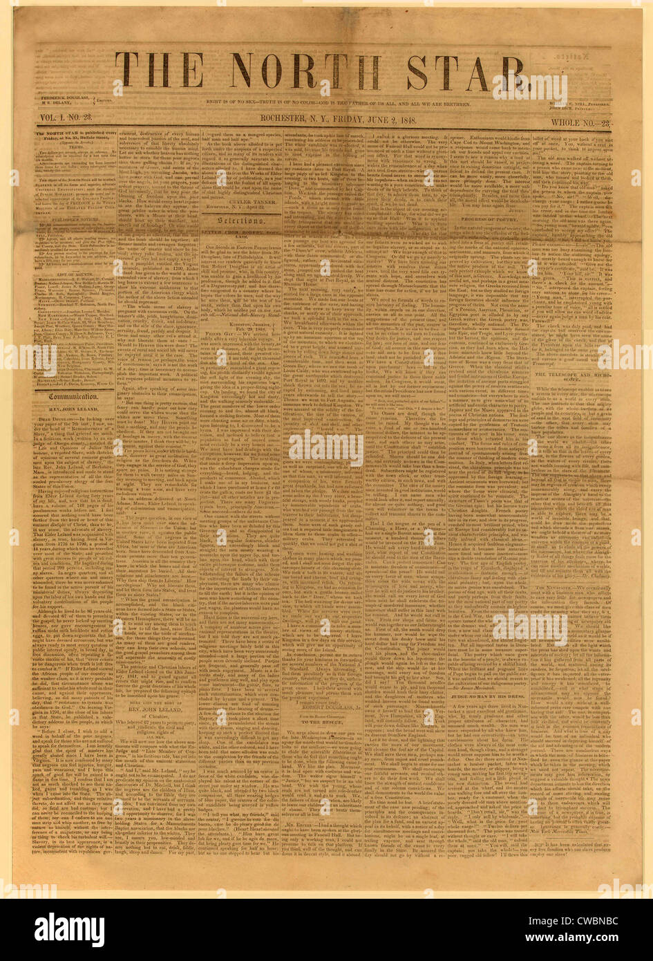 Front page of THE NORTH STAR, June 2, 1848, the abolitionist newspaper ...