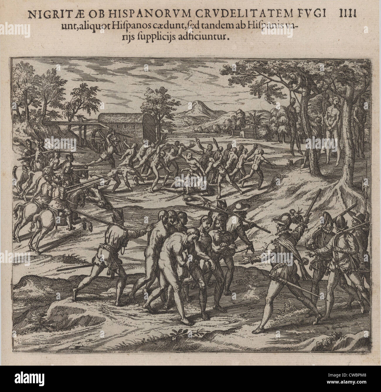 Scene of early slavery in the Americas, shows Spanish soldiers ...