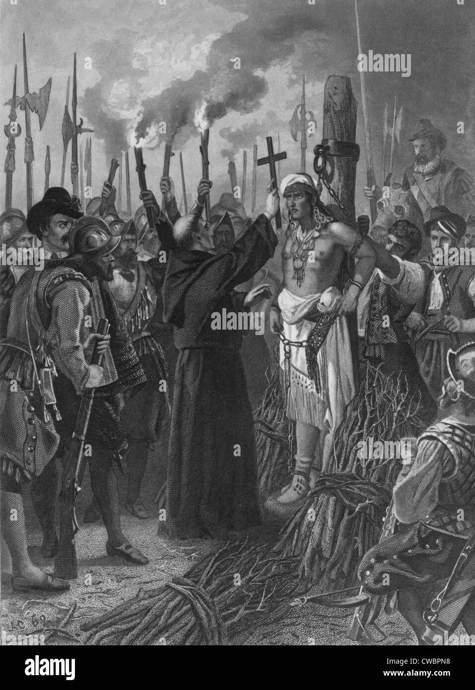 Execution of the last Incan Emperor, Atahuallpa (1497-1533), by Spanish ...