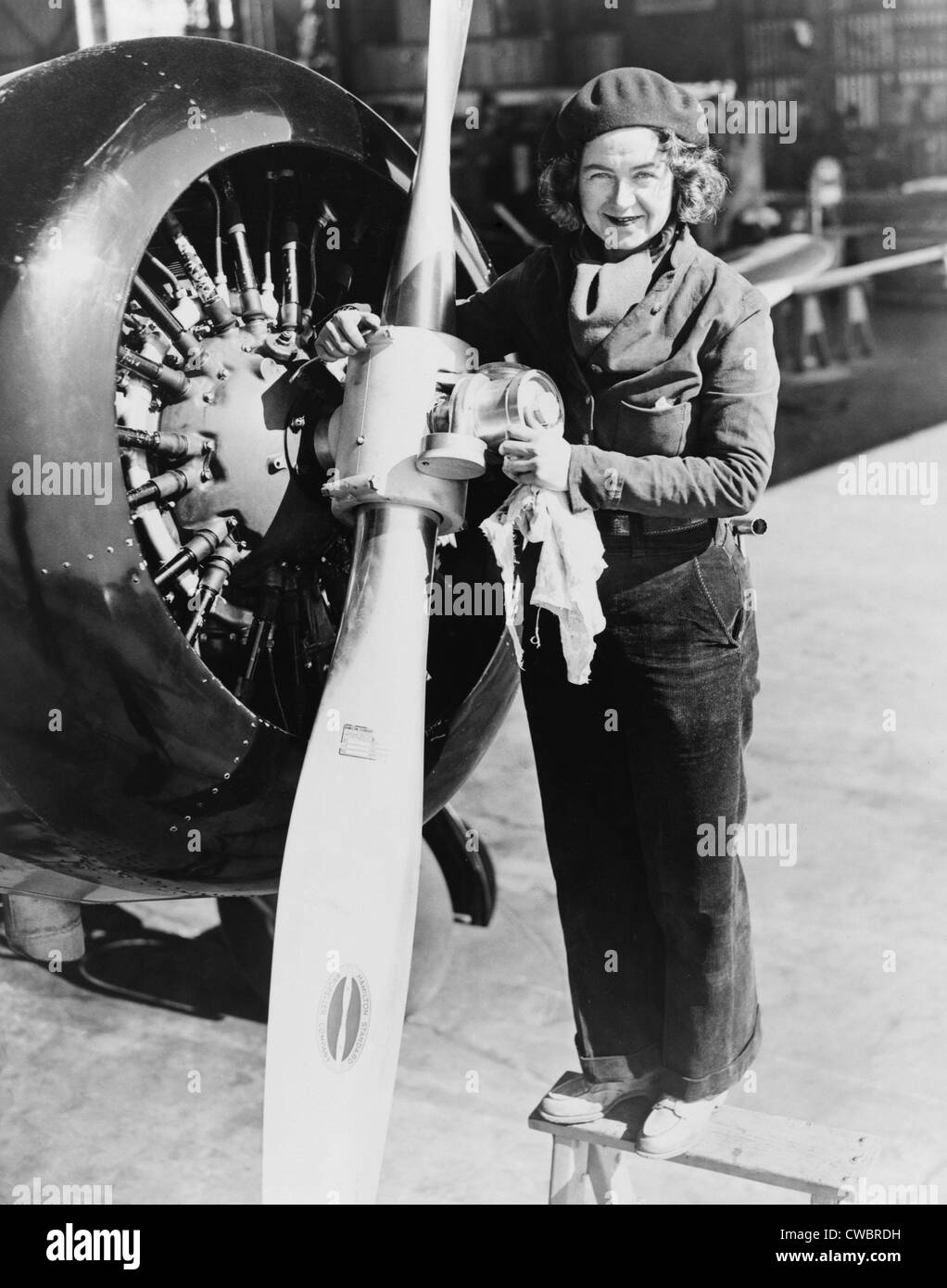 Laura Ingalls (1901-1967), American female aviator atop ladder ...