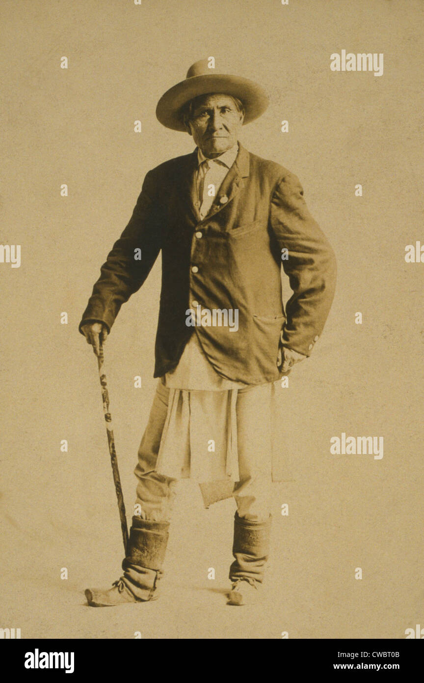 Geronimo (1829-1909), Chiricahua Apache warrior with walking stick ...