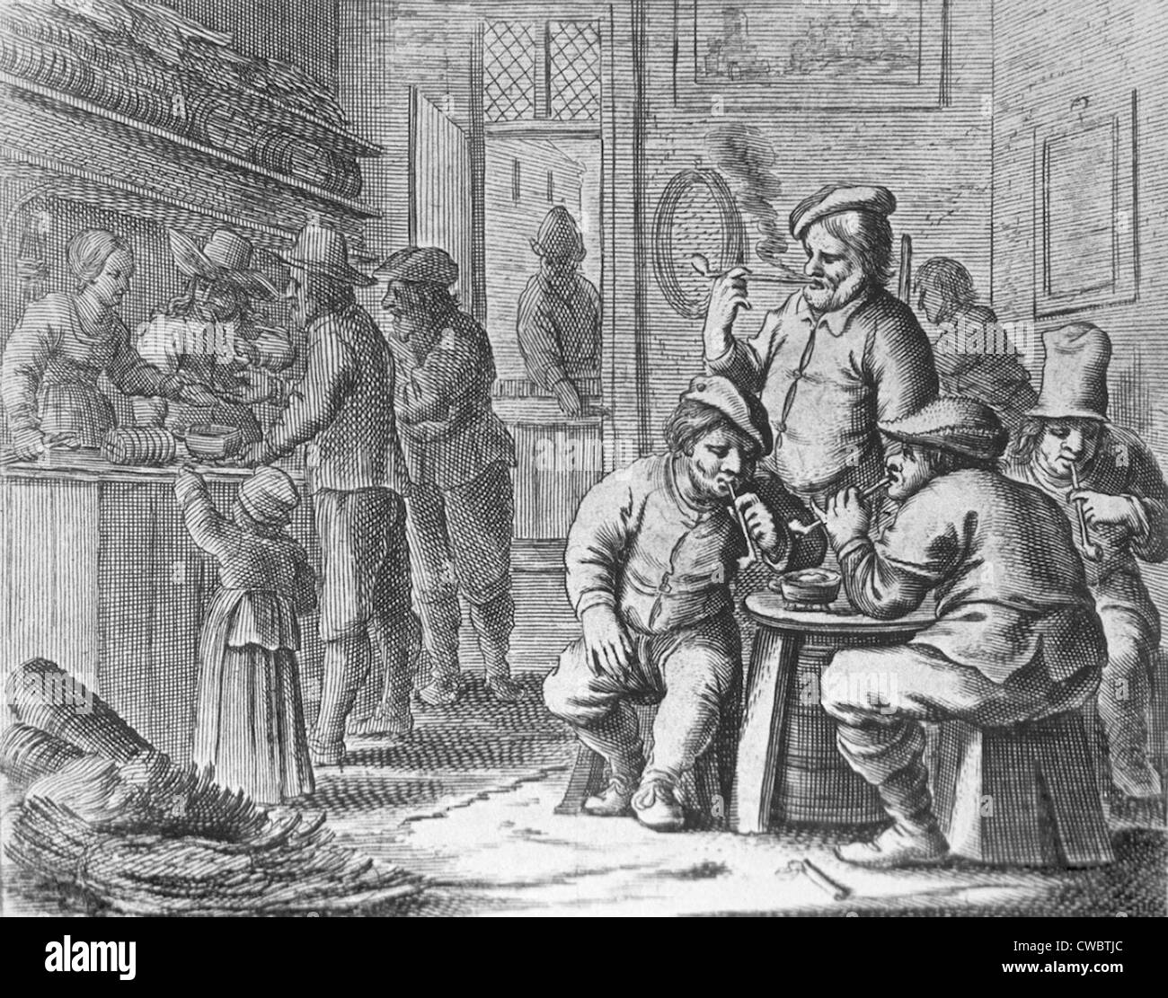 Dutch tobacco shop. Four men are gathered around a table smoking long ...