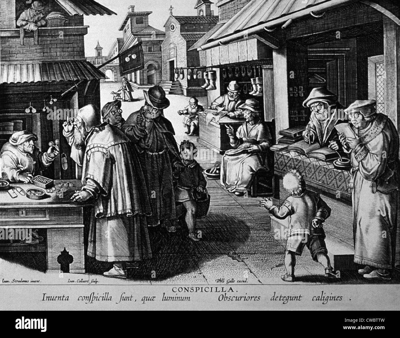 THE SPECTACLE SELLER. A market scene in which most of the adults are ...