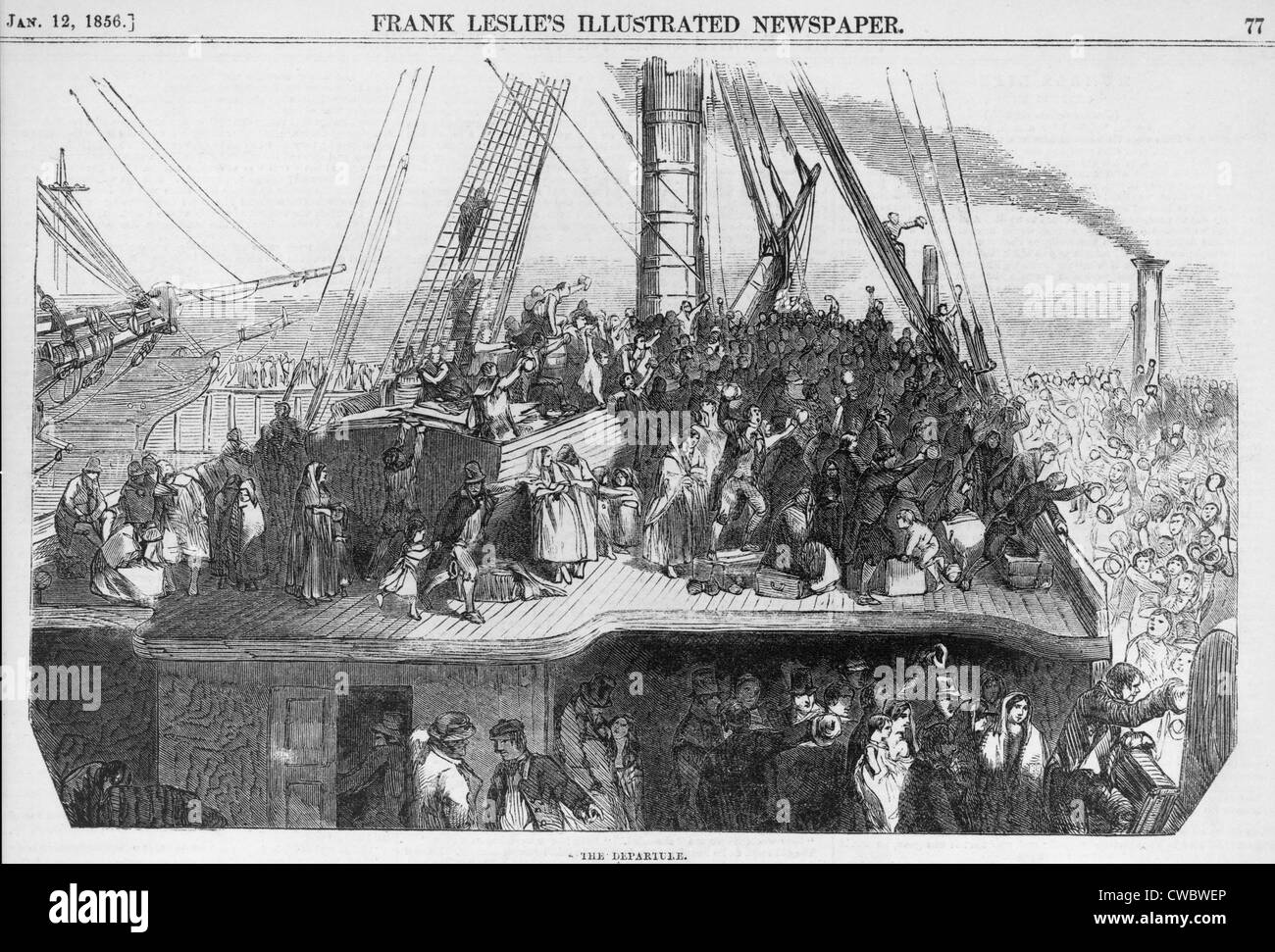 Immigrants waving farewell to crowd on dock, as their ship leaves a ...
