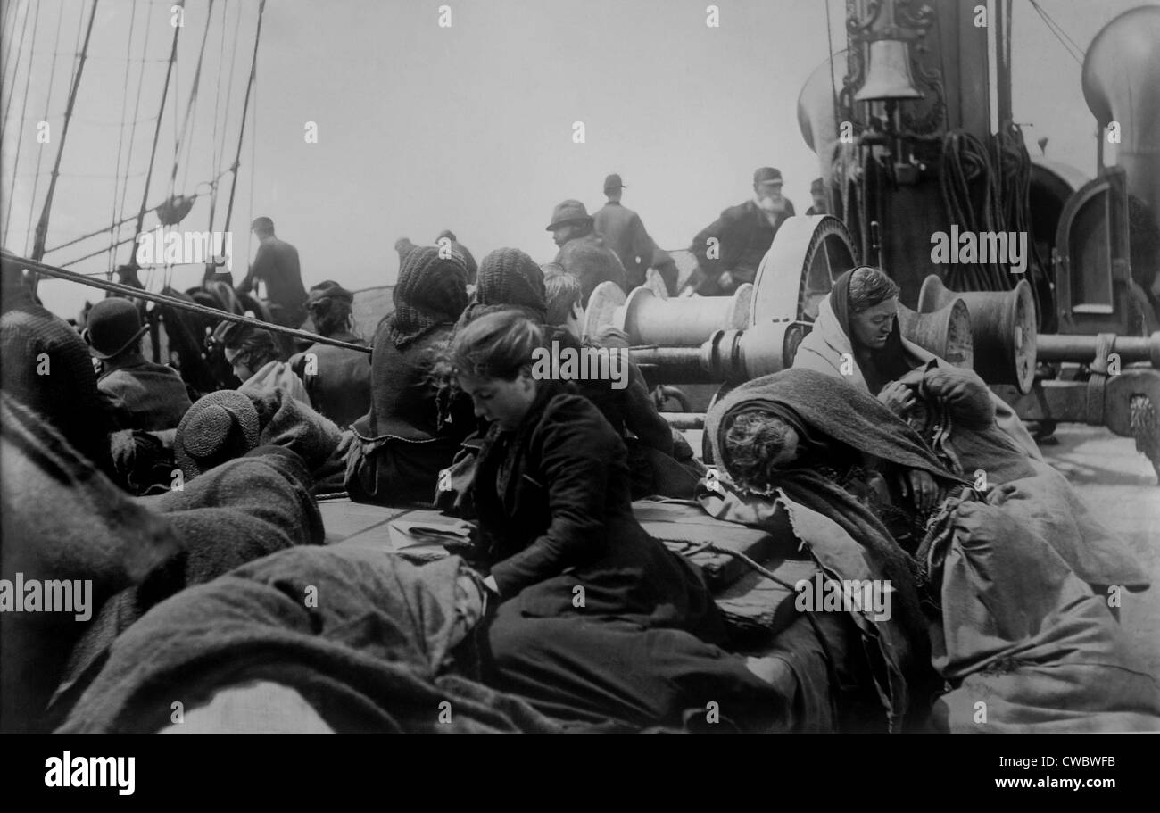 A young women reading on the steerage deck of an ocean liner ...