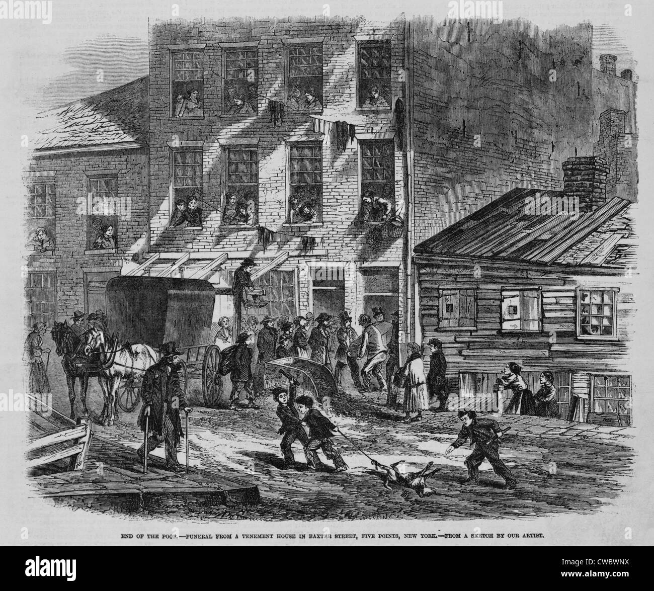 Depressing scene of poverty at Five Points in New York City. People at ...