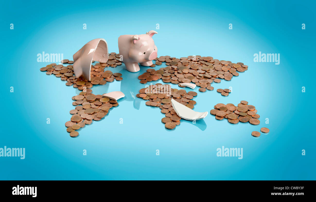 Smashed piggy bank with coins Stock Photo - Alamy