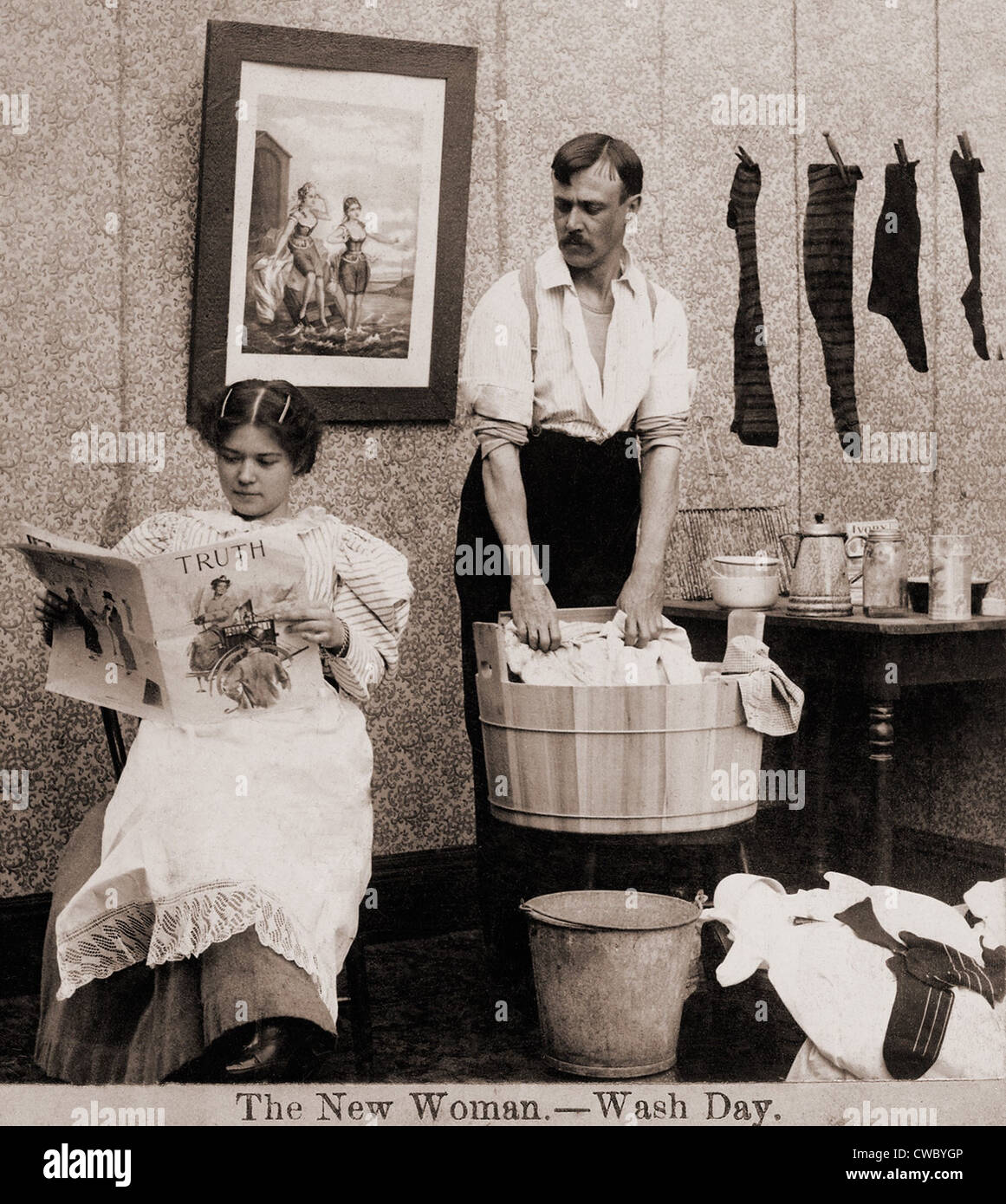 Satire of feminism and women's rights advocacy showing an extreme role ...