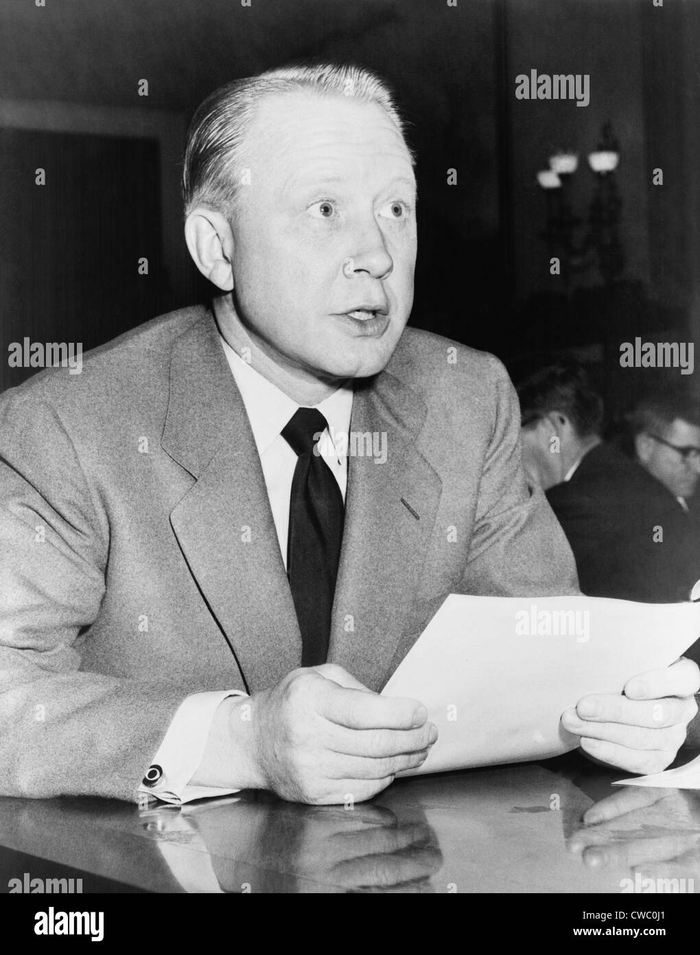 Frank Stanton (1908-2006), President of CBS, speaking at a meeting of ...
