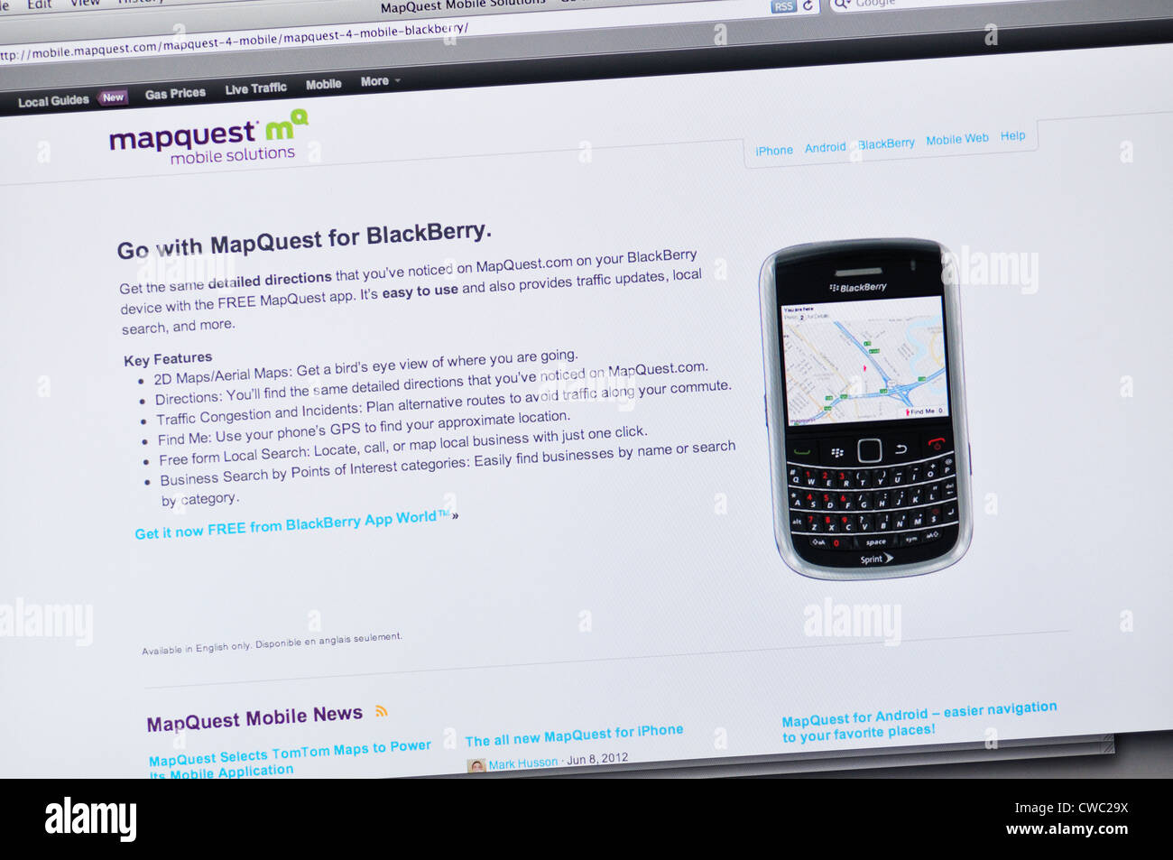Mapquest Blackberry app website Stock Photo - Alamy