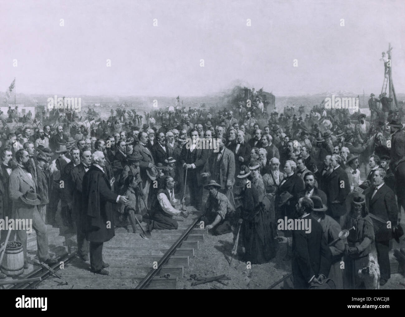 THE LAST SPIKE 1881 a painting by Thomas Hill depicts the ceremony held ...