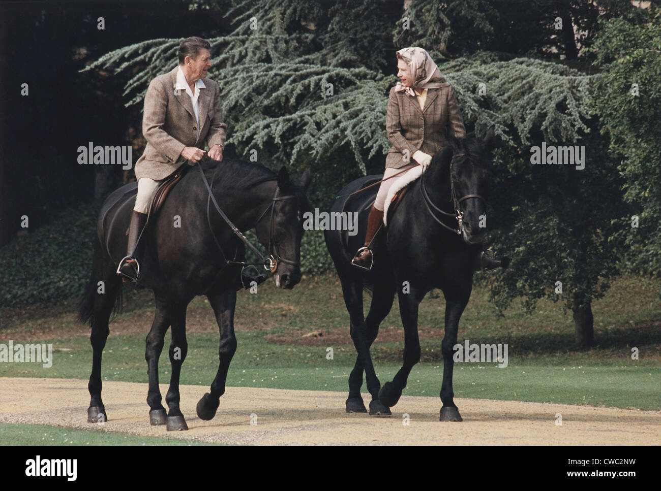 President Reagan and Queen Elizabeth II Horseback Riding at Windsor ...