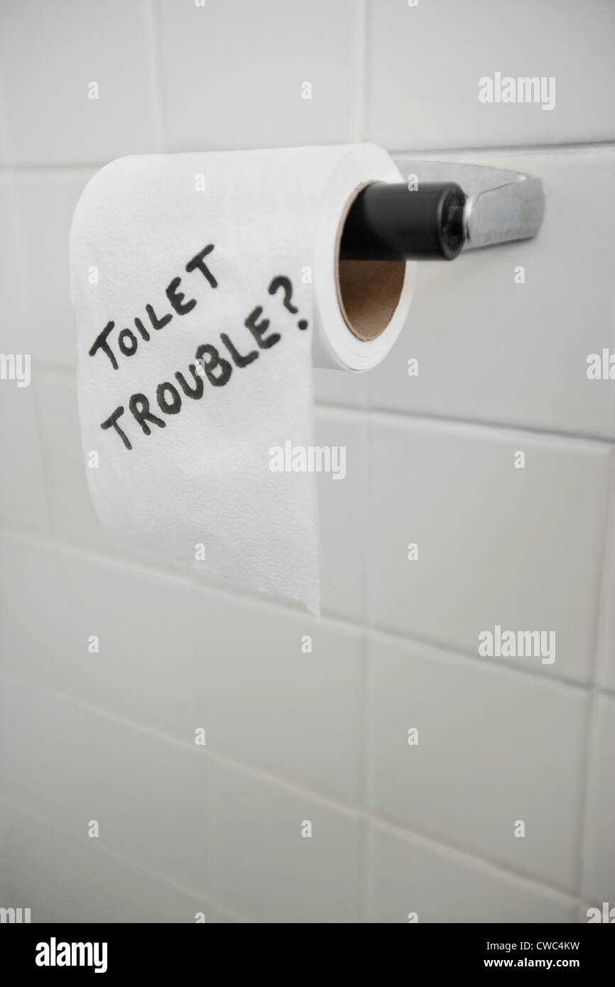 Close-up of text written on tissue paper in bathroom depicting toilet ...