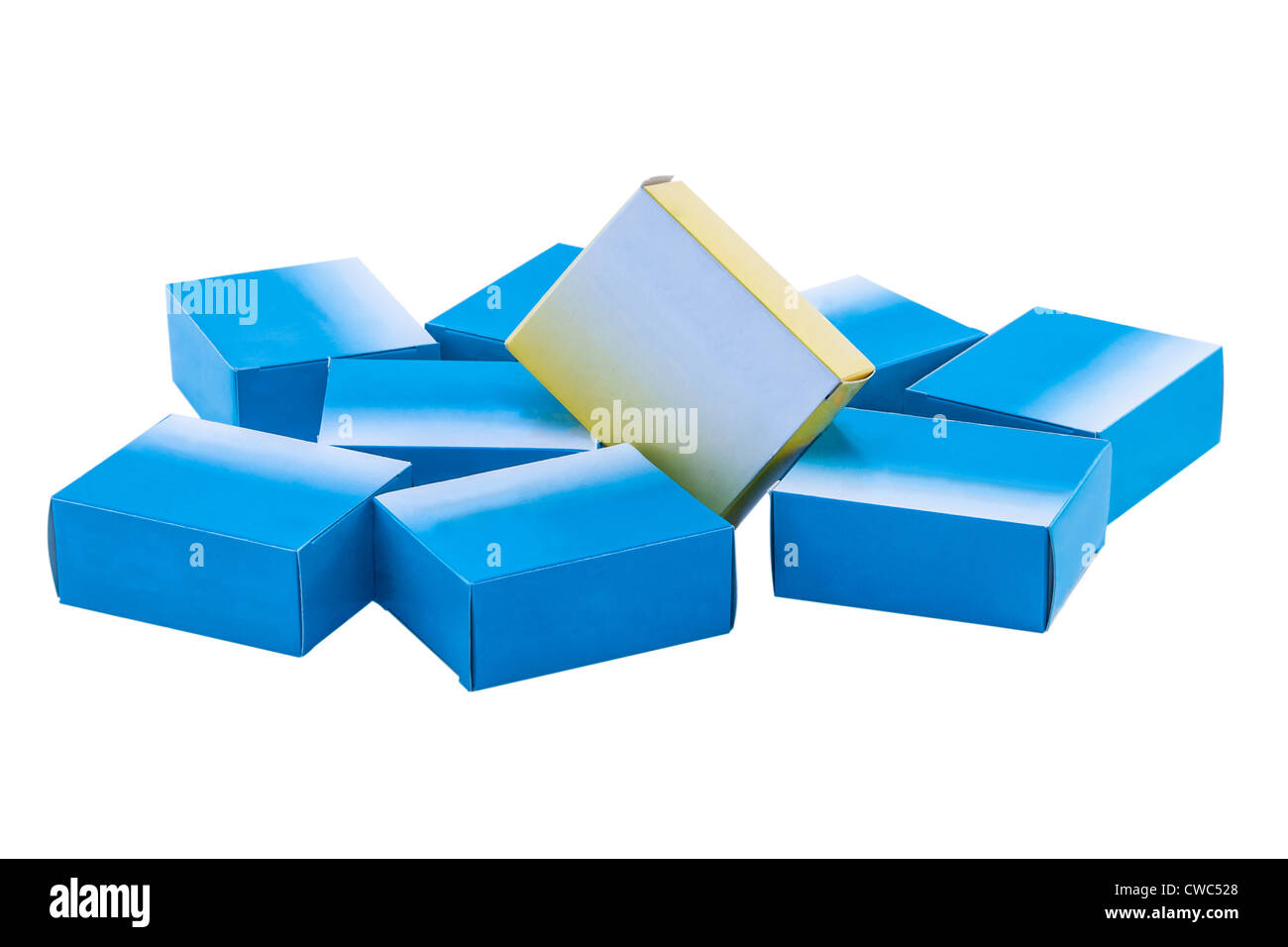 A heap of drug boxes isolated against a white background with clipping ...