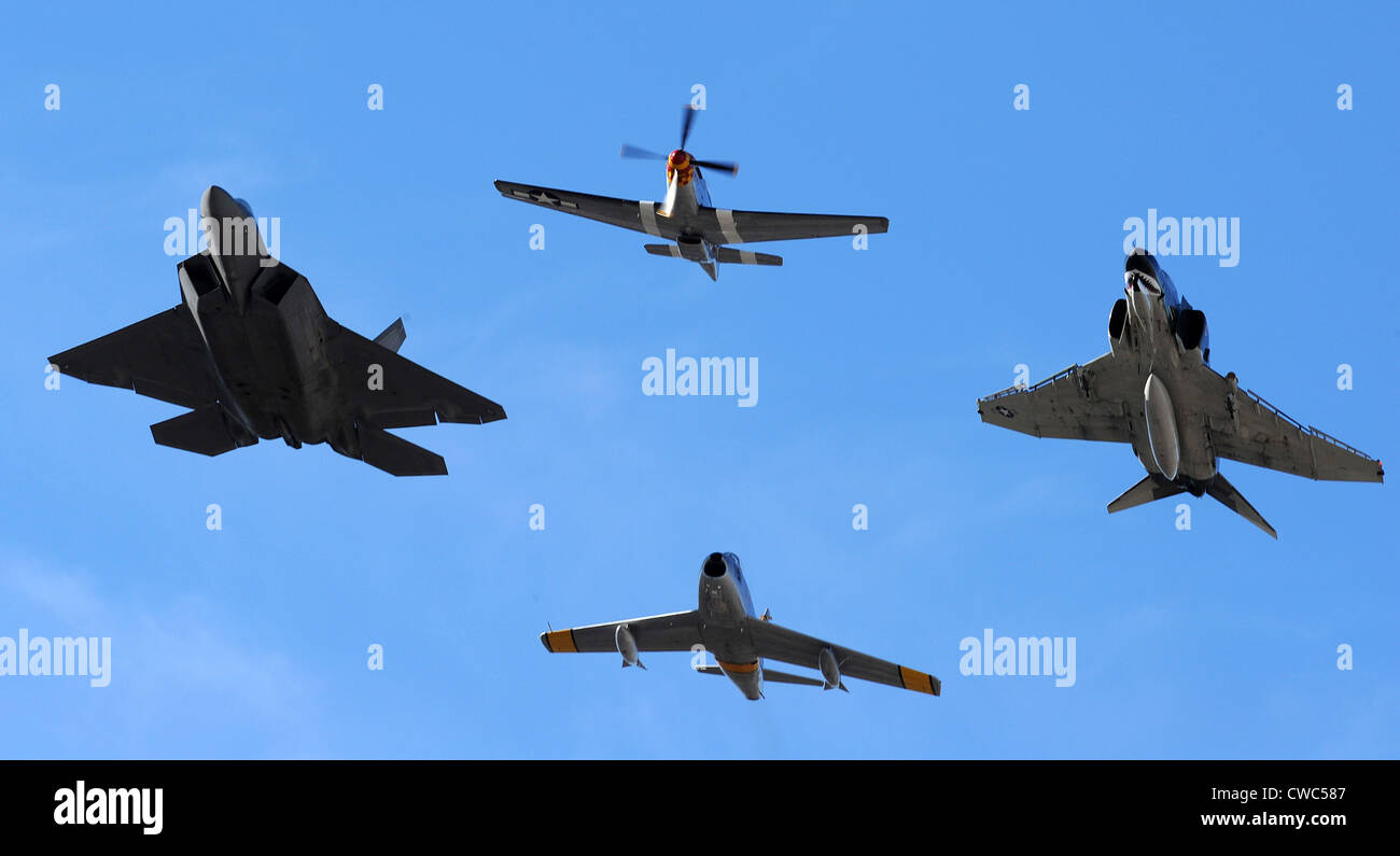70 years of Air Force fighters fly in formation. From left clockwise F ...