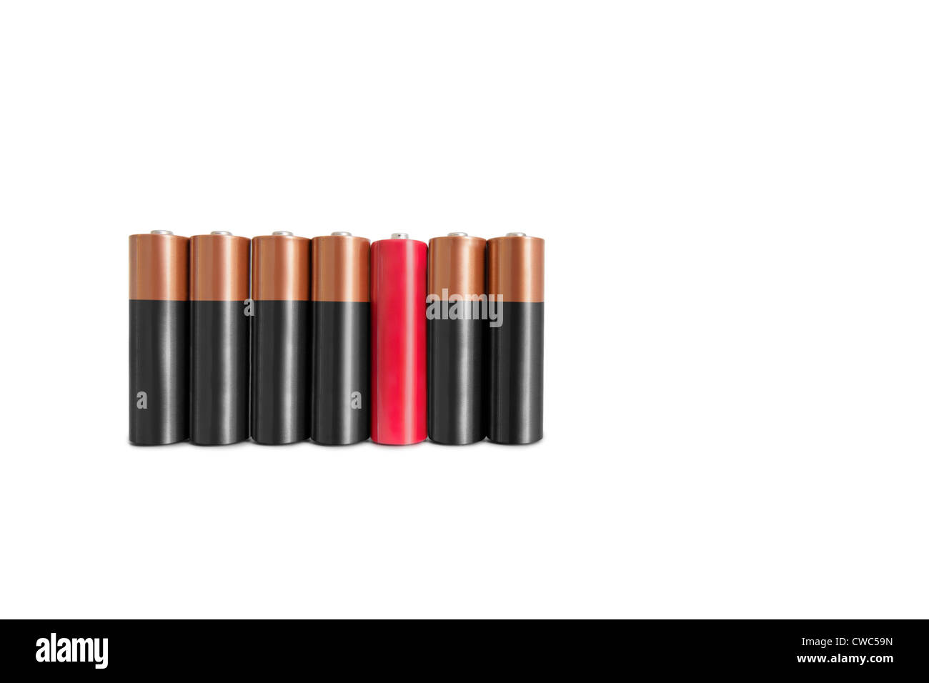 Red amid black batteries over white background Stock Photo - Alamy