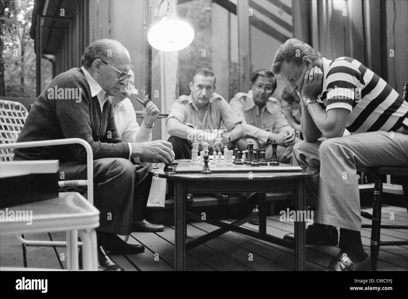 Menahem Begin and Zbigniew Brzezinski play chess during the Camp David ...