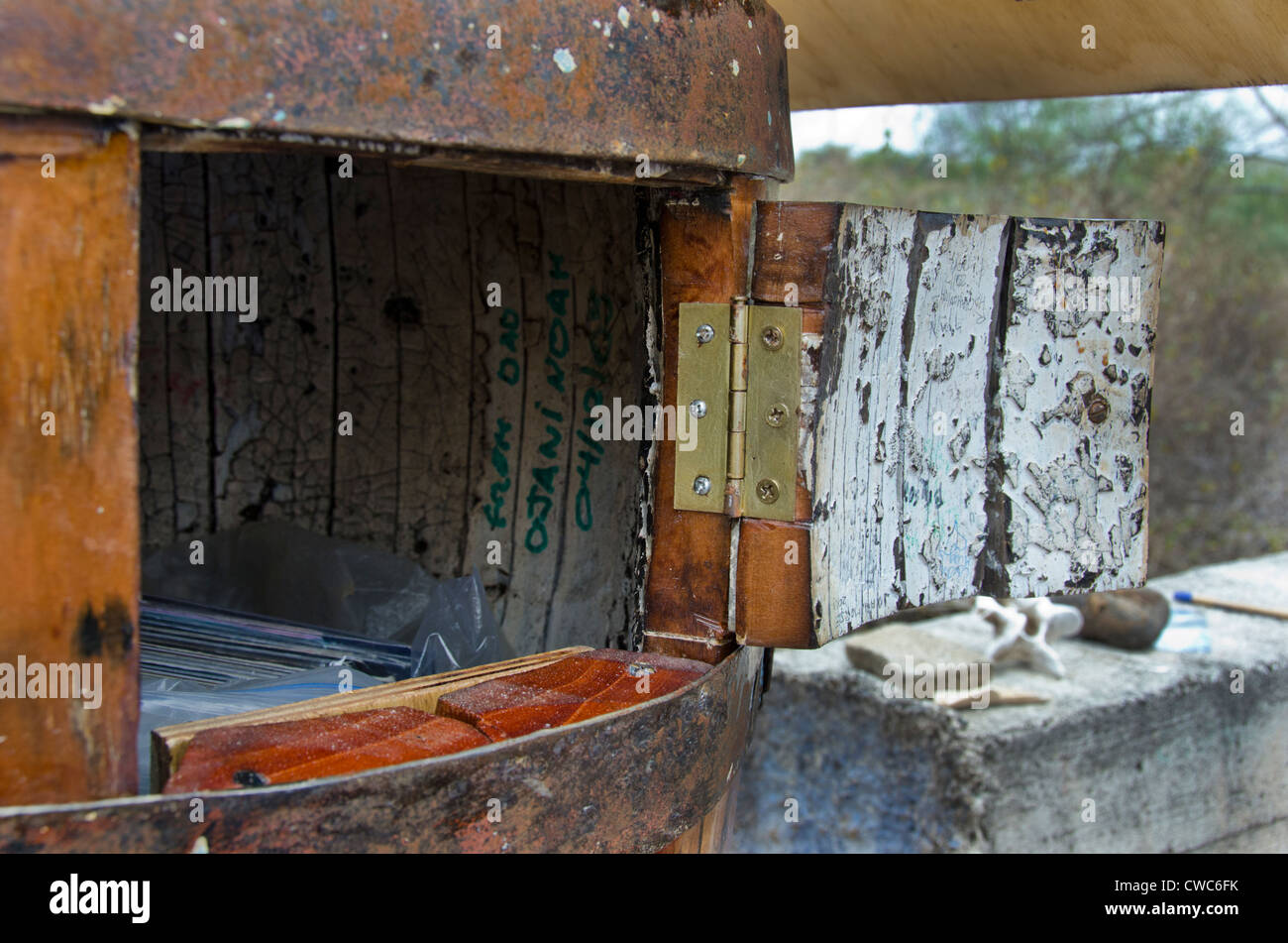 Ecuador, Galapagos, Floreana, Post Office Bay. Historic post office ...