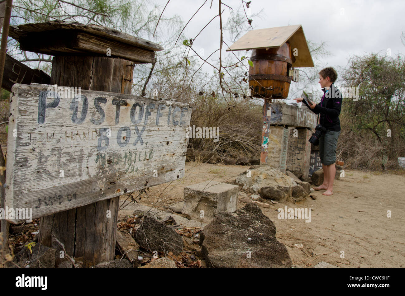 Ecuador, Galapagos, Floreana, Post Office Bay. Historic post office ...