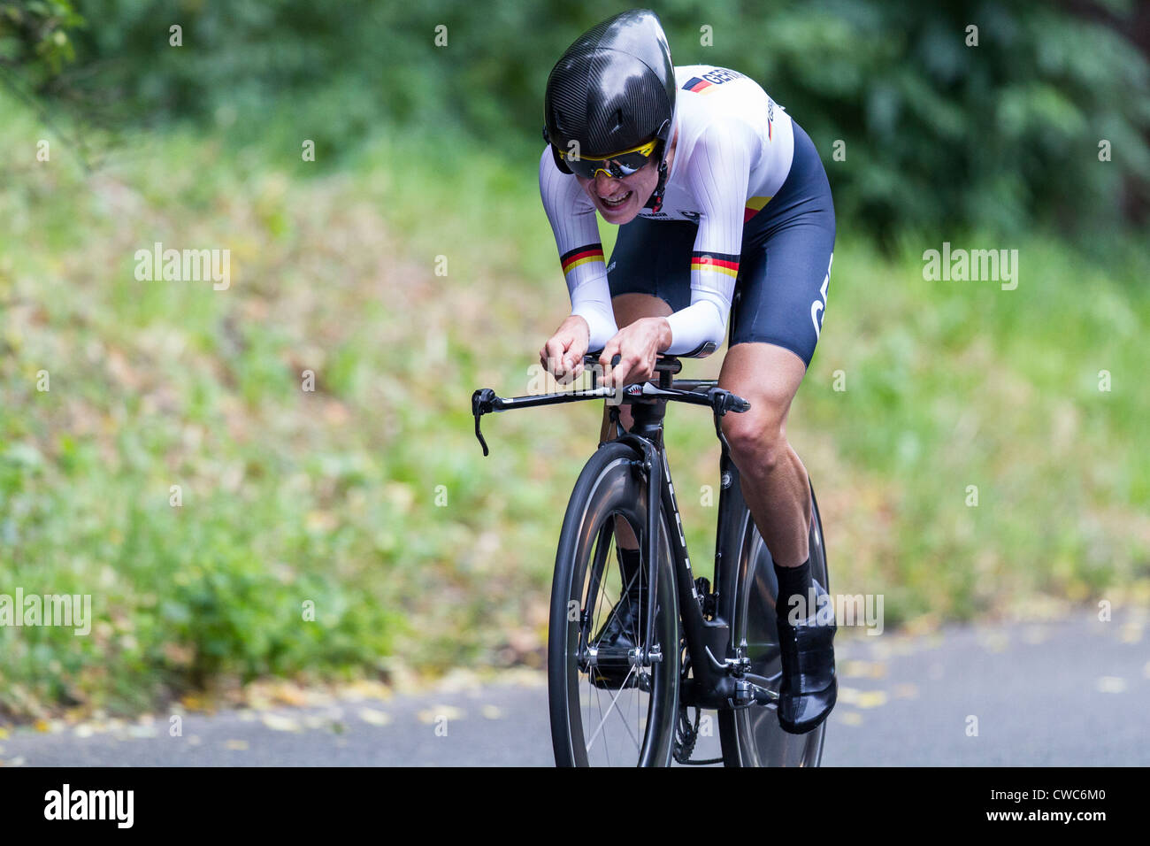 Judith Arndt of Germany racing in the Olympic Time Trial at London 2012 ...