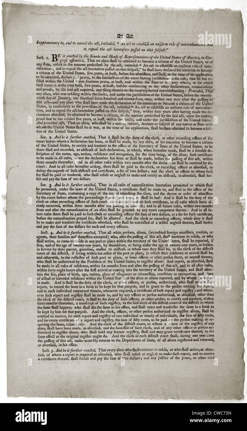 Alien and Sedition Acts of 1798. Printed document Stock Photo - Alamy