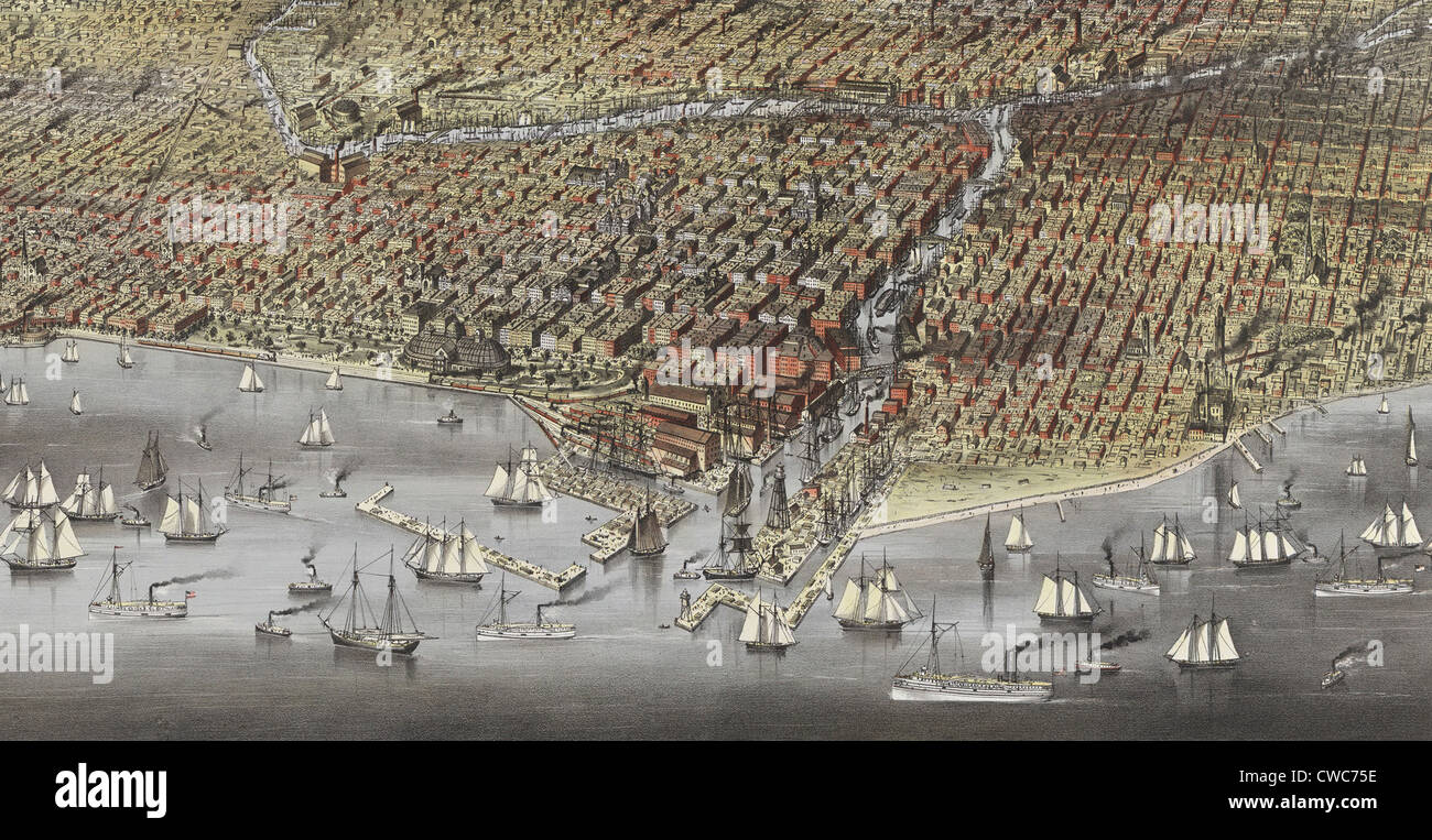 The City of Chicago in 1874. Chicago Harbor is built up with train ...