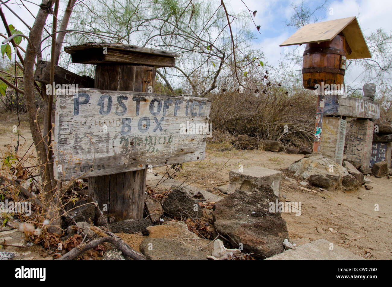 Ecuador, Galapagos, Floreana, Post Office Bay. Historic post office ...