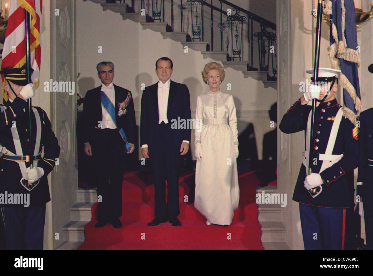 President and Pat Nixon pose with the Shah of Iran before a state ...