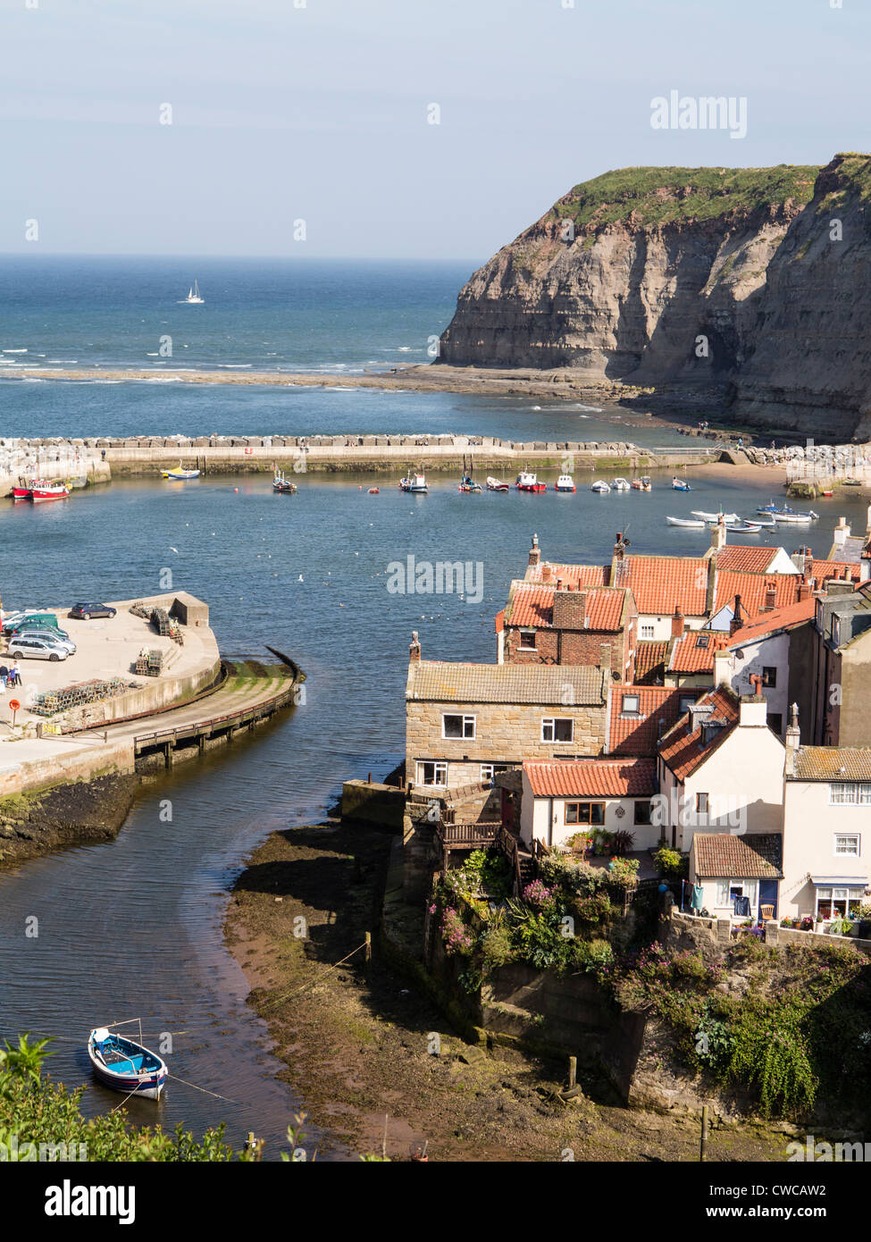 Staithes Village Beck and Harbour from the Cliffs. North Yorkshire UK ...