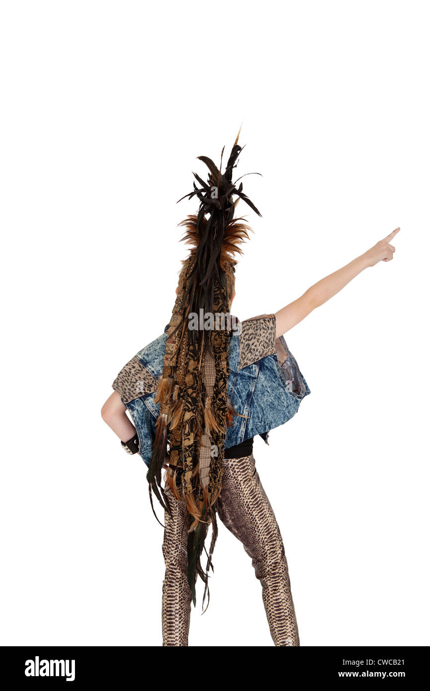 Back view of school kid with hand raised over white background Stock ...